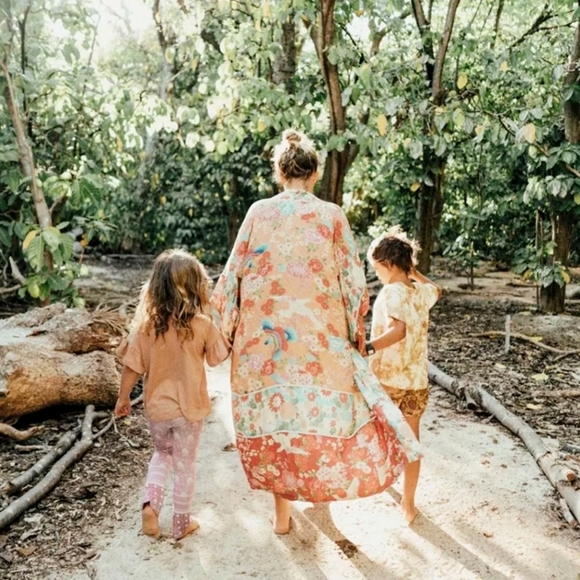 Swim | New Boho Gypsy Floral Sheer Chiffon Kimono Robe Duster Red Peach ...